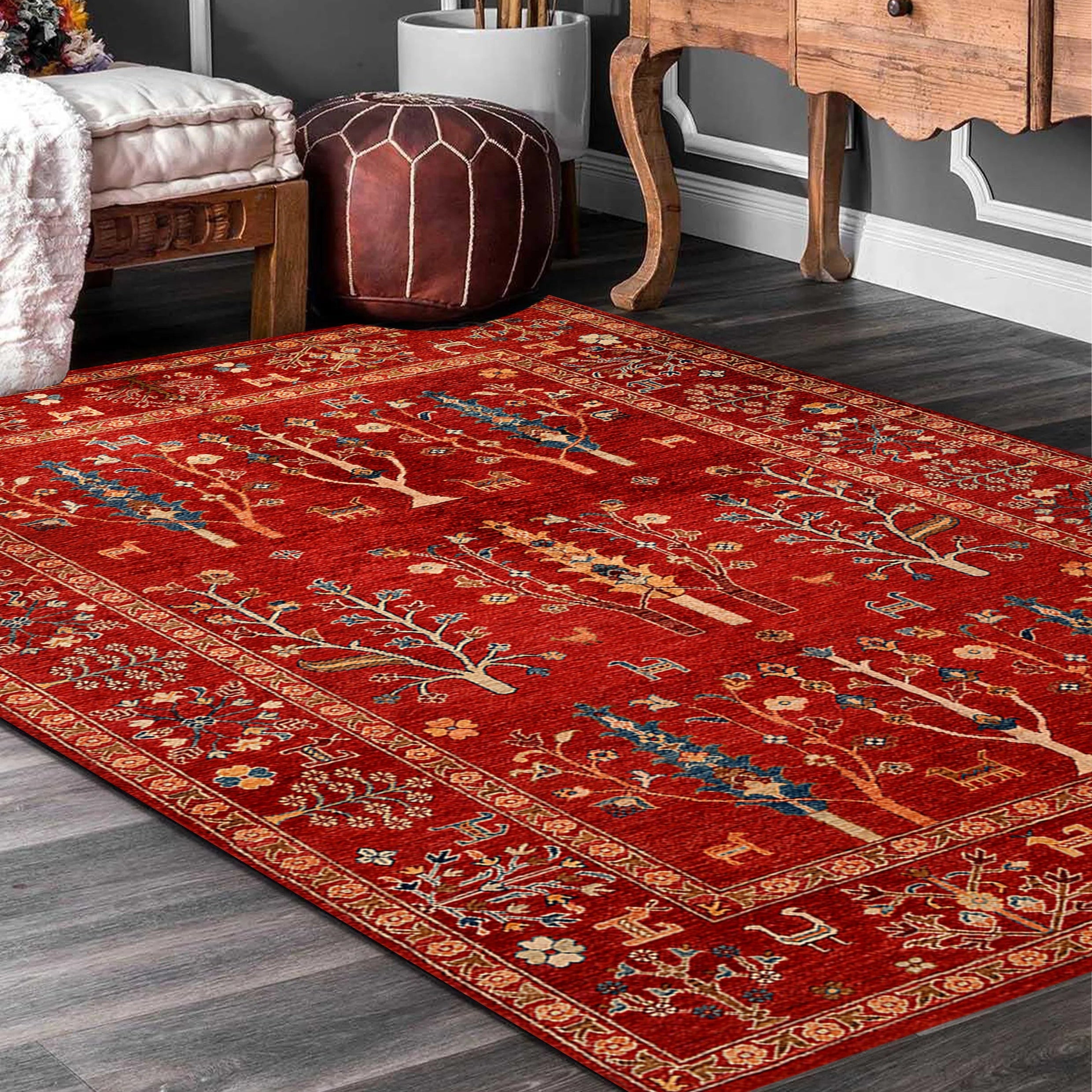 Tree and Animal Motifs Rug – Nature-Inspired Design & Cotton Comfort ...